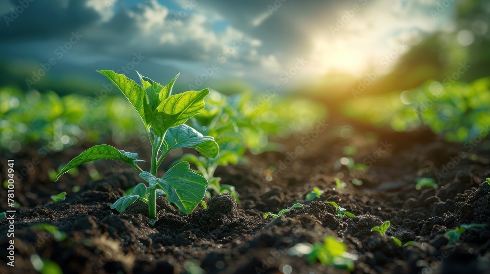 Plants growing in the field, young seedlings, sprouts, and leaves ...