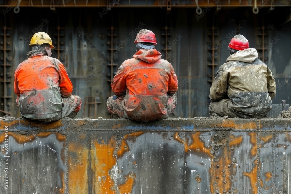 Three construction workers, viewed from the back, are seated on a ...