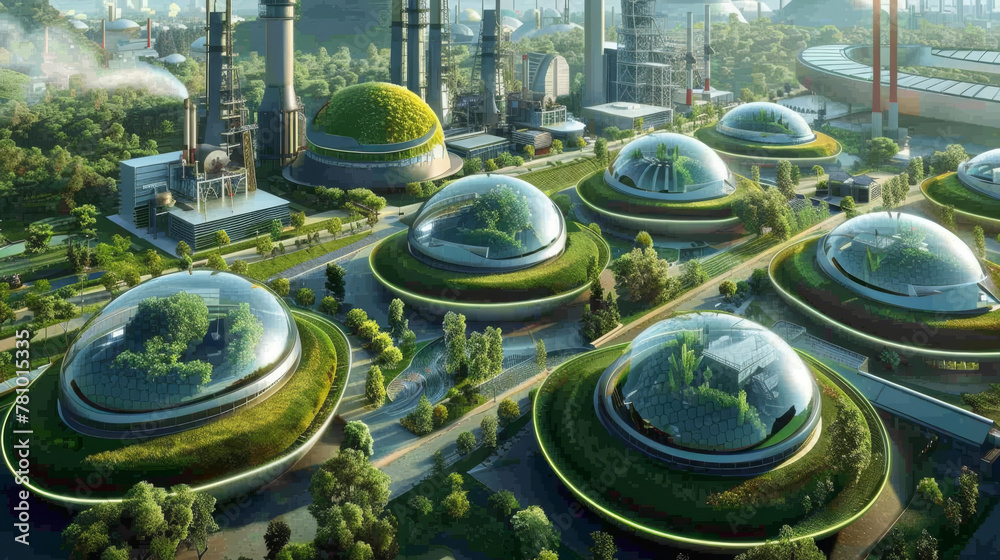 Concept art of an eco-friendly refinery, integrating green spaces and ...