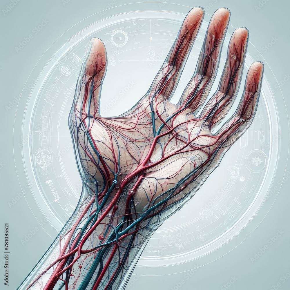 diagram of a human hand with transparent glass veins, human hand 3d ...