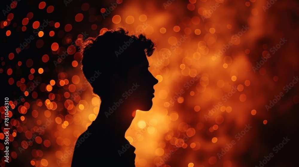 Contemplative profile silhouette with a sparkling orange bokeh backdrop ...