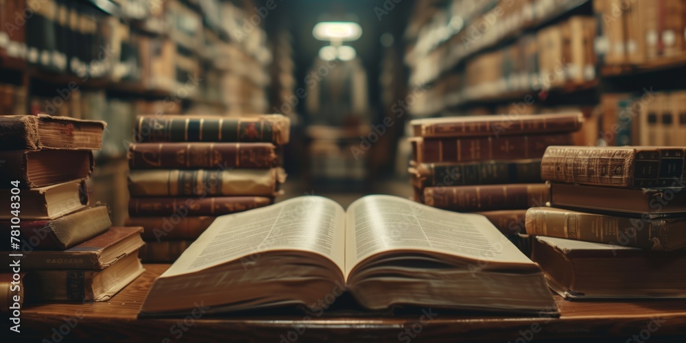 Stacked Piles of Old Books on Both Sides of an Open Old Book on a Desk ...