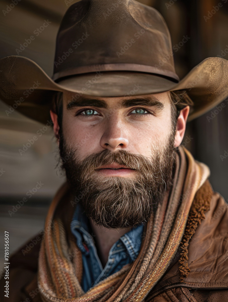 Portrait of a hot and handsome bearded cowboy, male, white and ...