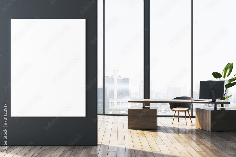 Modern concrete office interior with empty white mock up banner on wall ...
