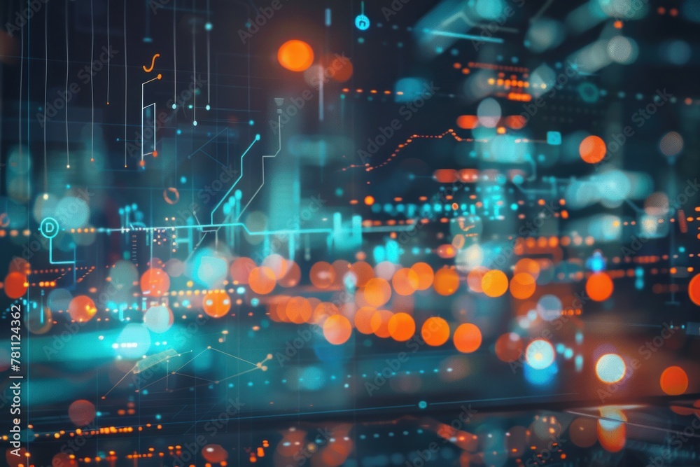 Digital background featuring data visualizations and graphs overlaying blurry city lights at ...