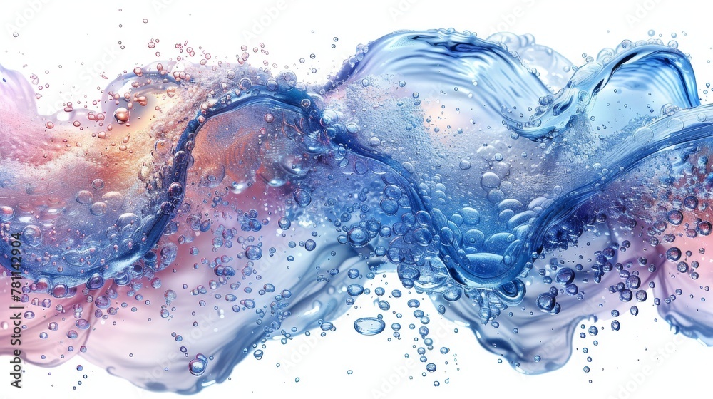 Underwater fizzing air bubbles, red and yellow. Fizzy sparkles in water ...