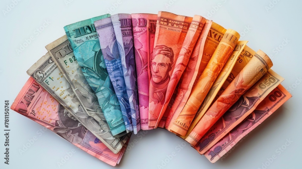 An artistic composition of currency notes arranged in a fan shape, with ...