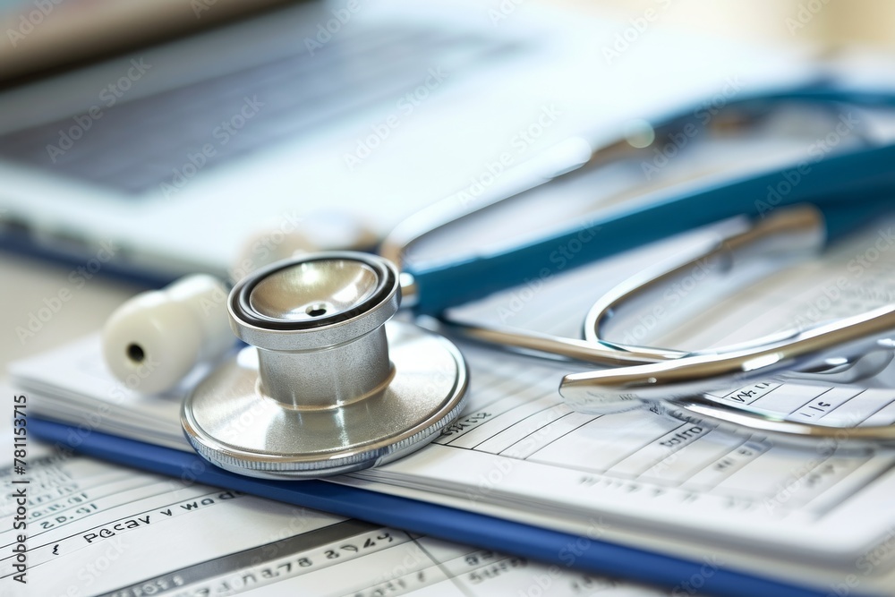 Stethoscope on Top of Medical Paperwork, A stainless steel stethoscope ...