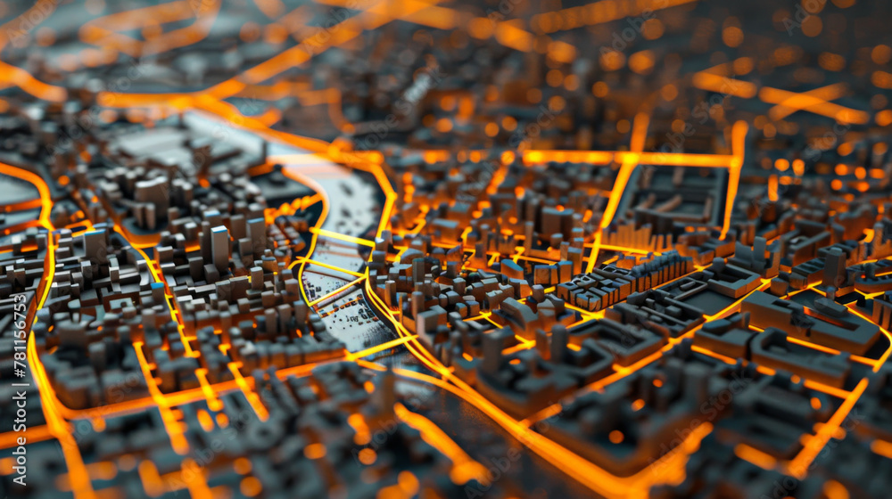 3d rendering of city model with orange buildings, roads and street ...