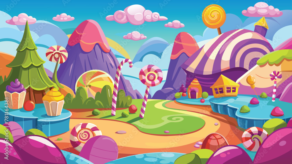 Whimsical candy land with sweet treats, Fantasy landscape vector ...