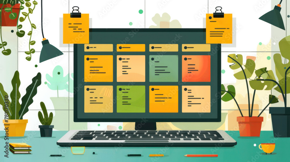 Utilizing a digital Kanban board on a laptop screen, showcasing lean ...