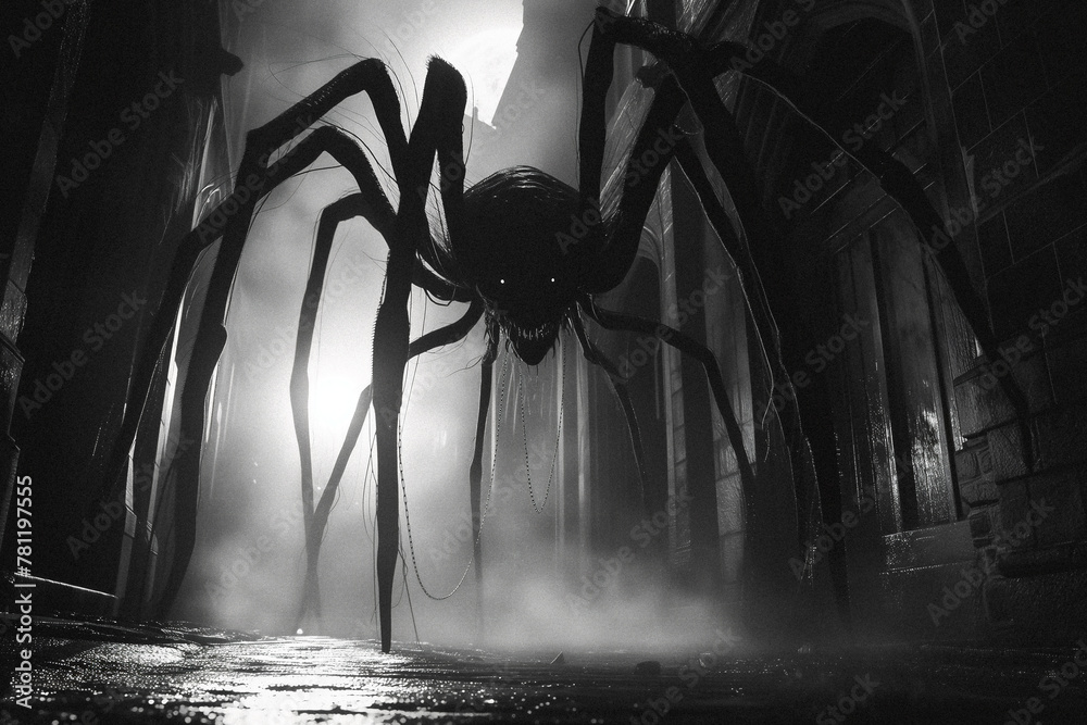 Monolithic spider creature enshrouded in mist, AI-generated. Stock ...