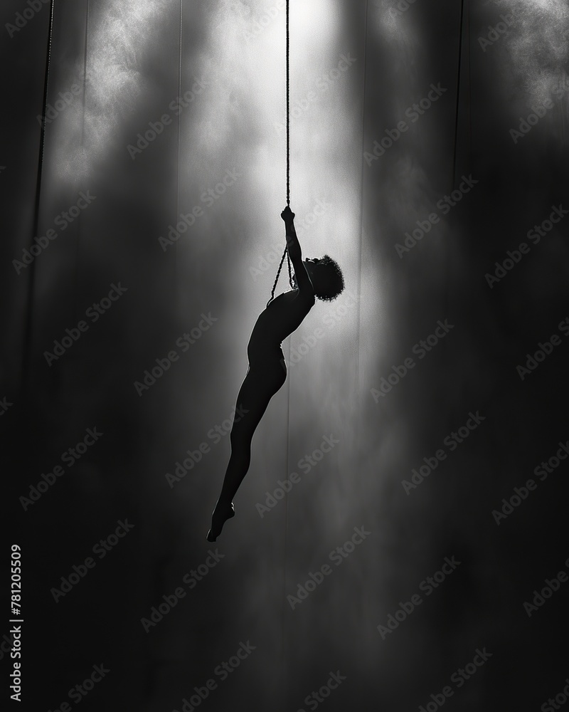 Solitary silhouette of a person hanging from a trapeze in a dimly lit ...