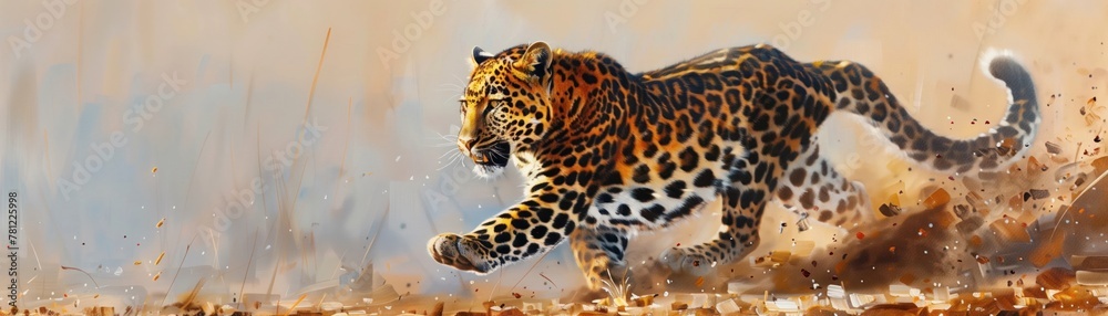 Amur leopard mid-pounce, dynamic movement captured in oil paint, with a ...