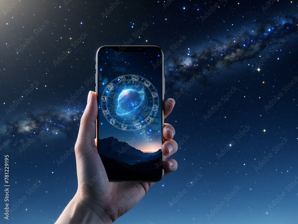 hand holding mobile or cell phone with horoscope and zodiac signs on ...