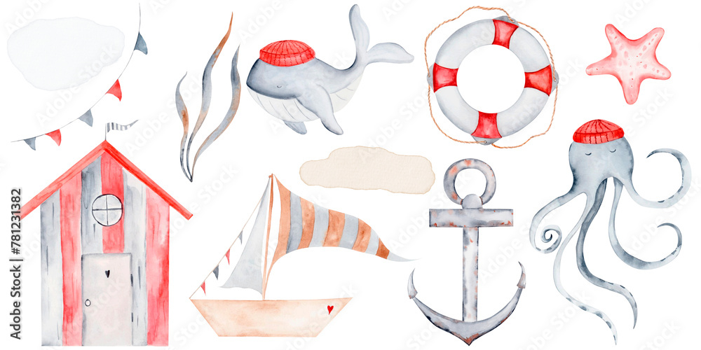 Marine cartoon watercolor set. Hand drawn drawings of nautical ...