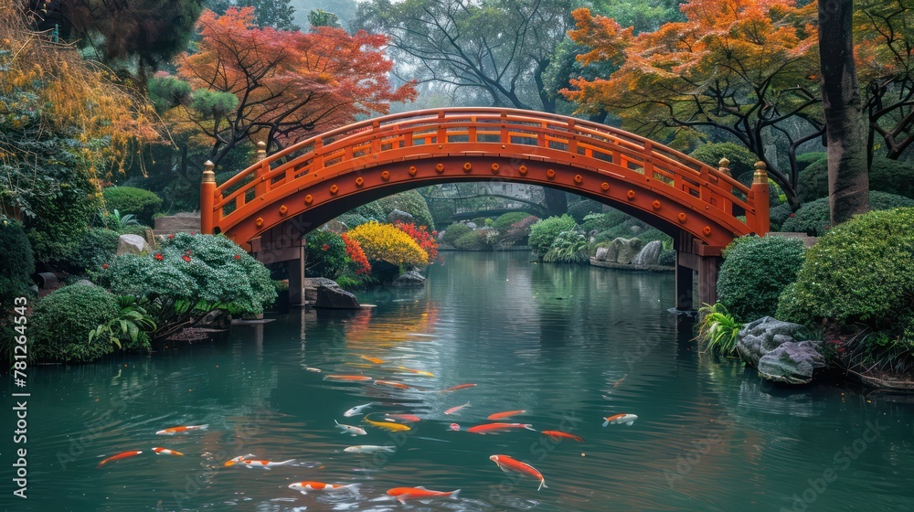 Graceful arching bridges span tranquil koi ponds, their colorful ...
