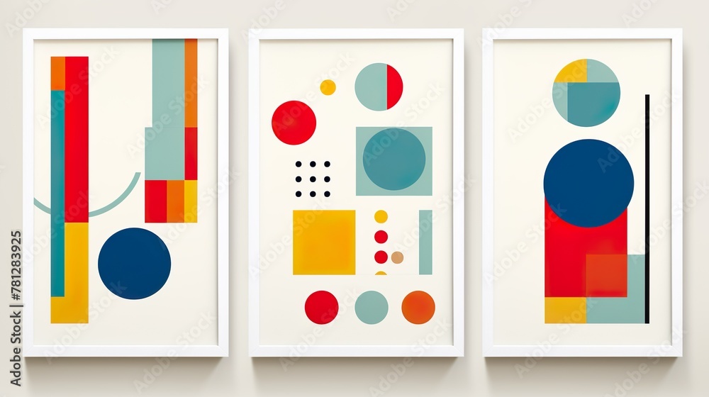 A triptych of abstract art prints featuring color blocks and simple ...