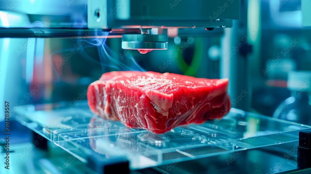 High-tech laboratory with a laser printer enhancing steak quality ...