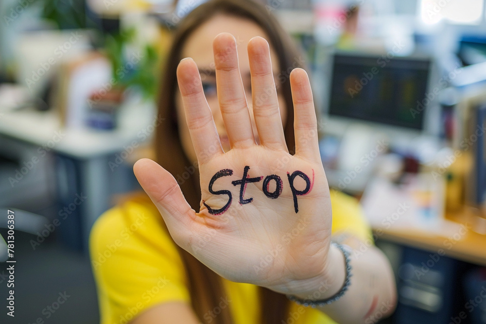 Harassment at work, woman sad angry terrified scared afraid, man, stop ...
