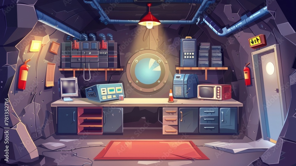 Cartoon illustration of an underground bunker interior showing lockers ...