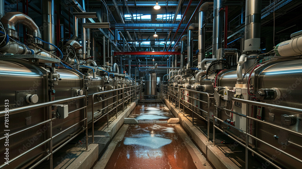 Inside a modern dairy factory, automated milking machines operate ...