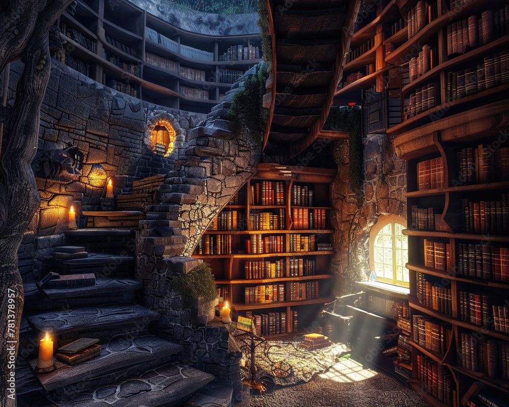 Fantasy library with books that come alive, whispering secrets of ...