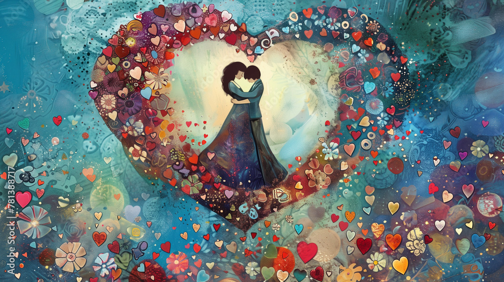 Romantic Couple Embracing in Heart-Shaped Frame with Colorful Art ...