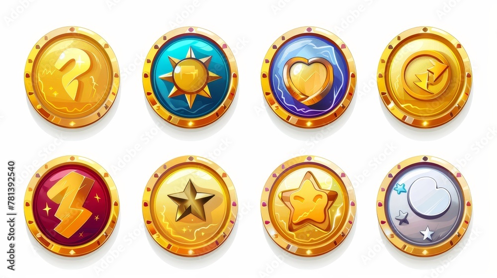 Tokens for game UI interface with gold coins, stars, lightning and ...