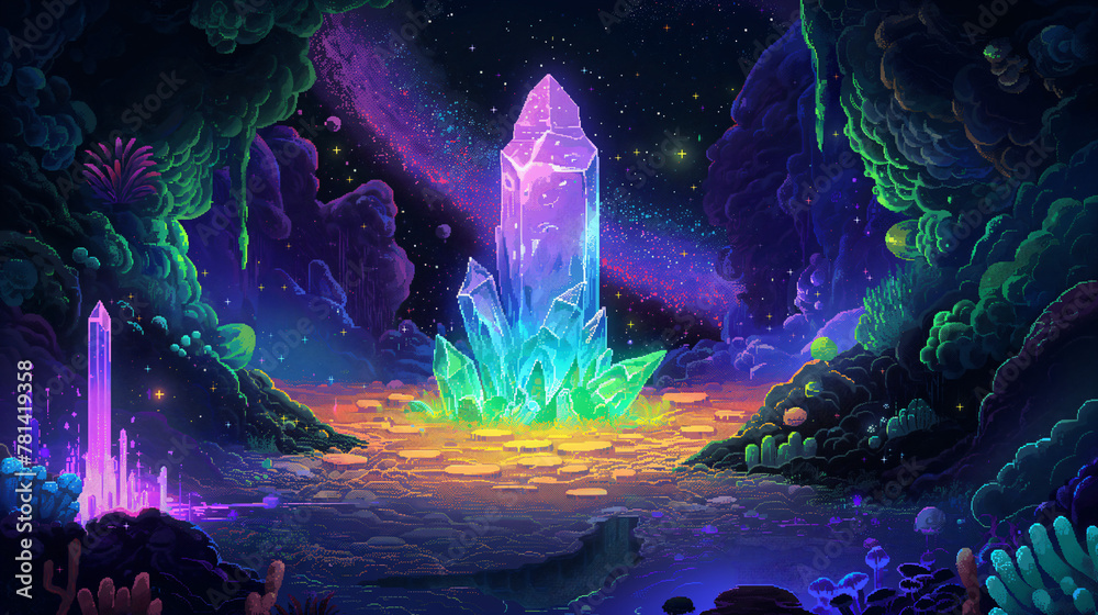 pixel art of rainbow crystal cave dungeon background battle scene in ...
