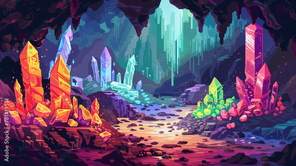 pixel art of rainbow crystal cave dungeon background battle scene in ...