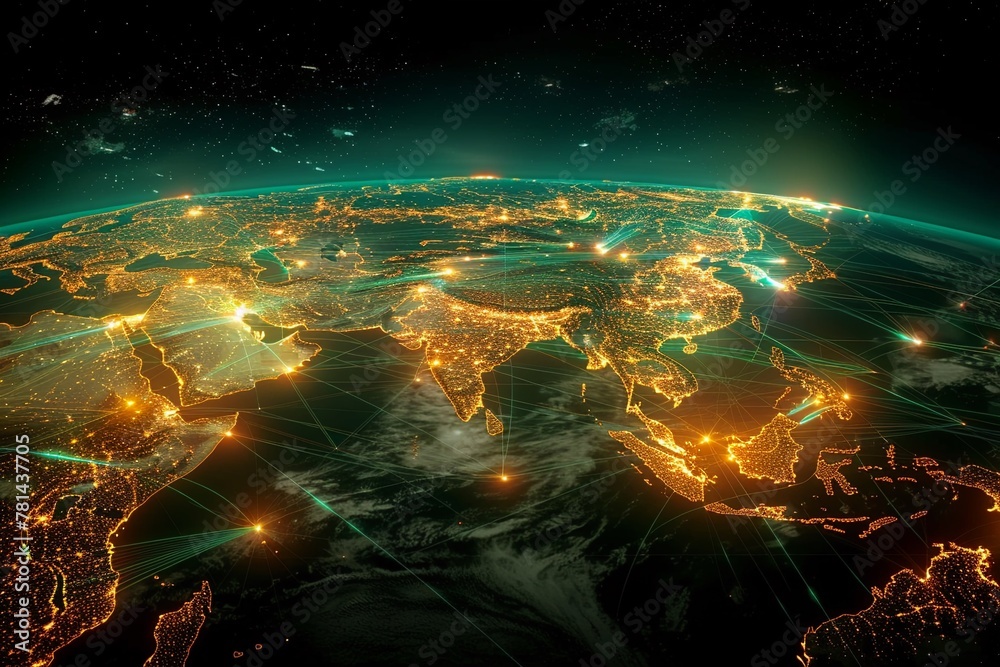 Abstract digital art of the Earth with glowing trade routes and nodes ...