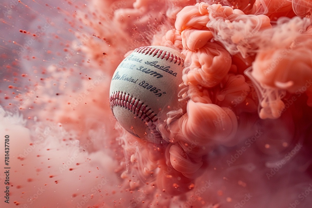 Abstract interpretation of a baseball flying through a red smoke ...