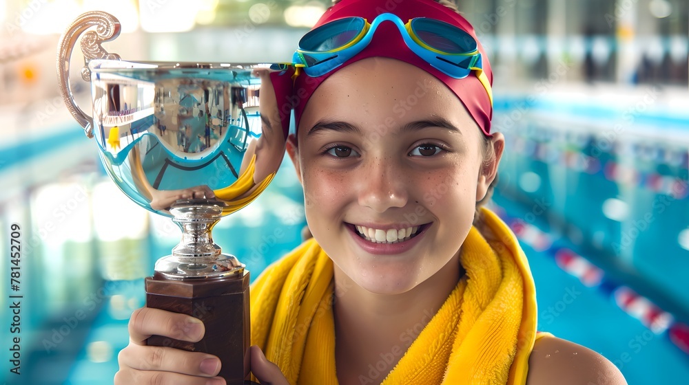 Young Swimmer Celebrates Victory with Trophy, Joyful Expression ...