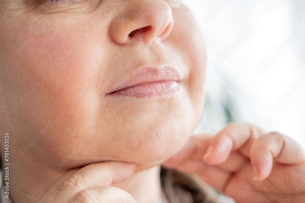 Double chin face mature woman 50 years old, human fat neck, side view ...