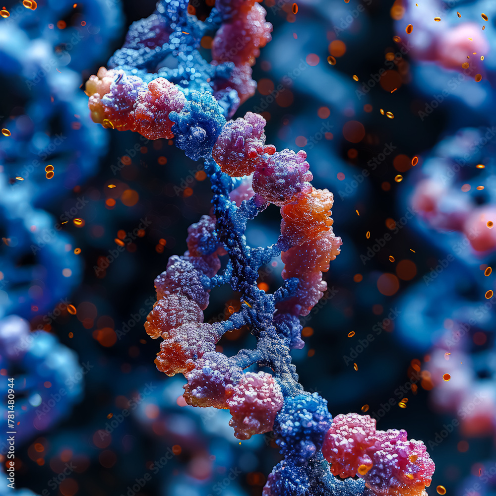 A scientific illustration showing the double helix structure of DNA, with two intertwined ...