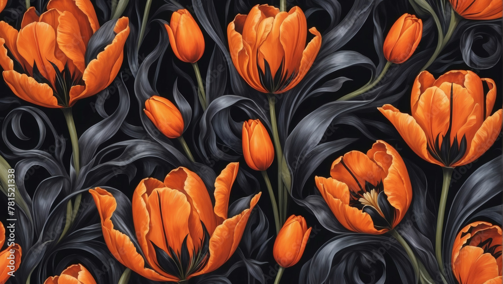 Surrealist oil painting of Orange and black tulips, with twisting vines ...