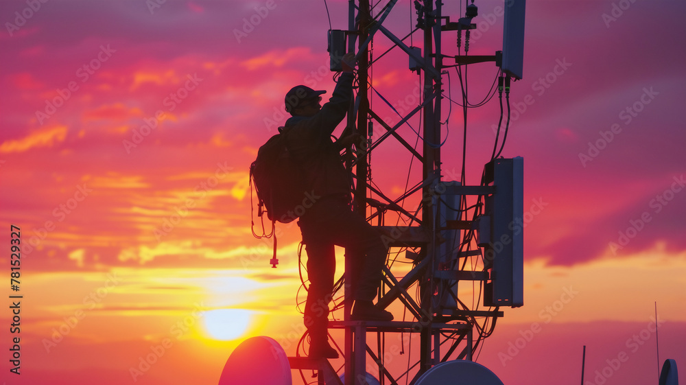 engineer wearing safety gear working at top of signal antenna.Working ...