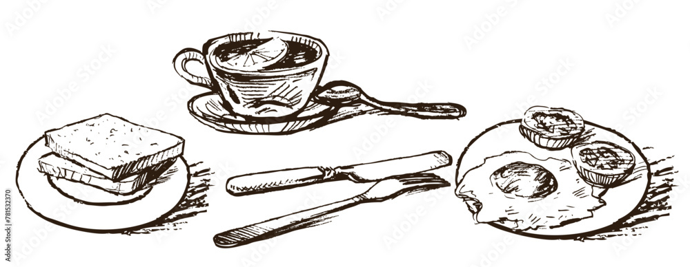 Tea,lemon,knife,crokery, fork, fried eggs, tomatoes,teacup,bread ...