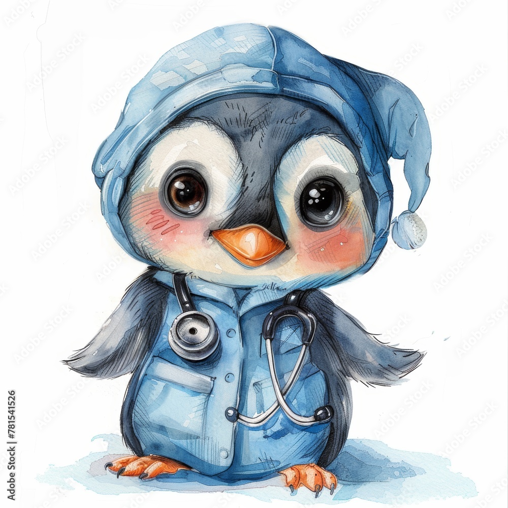 Cute watercolor clipart, baby Penguin in doctor uniform on a white ...