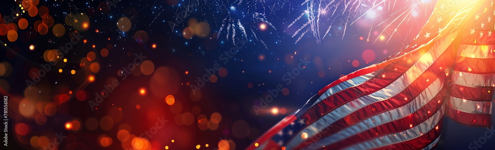 American flag waving in wind with fireworks at sunset background banner ...