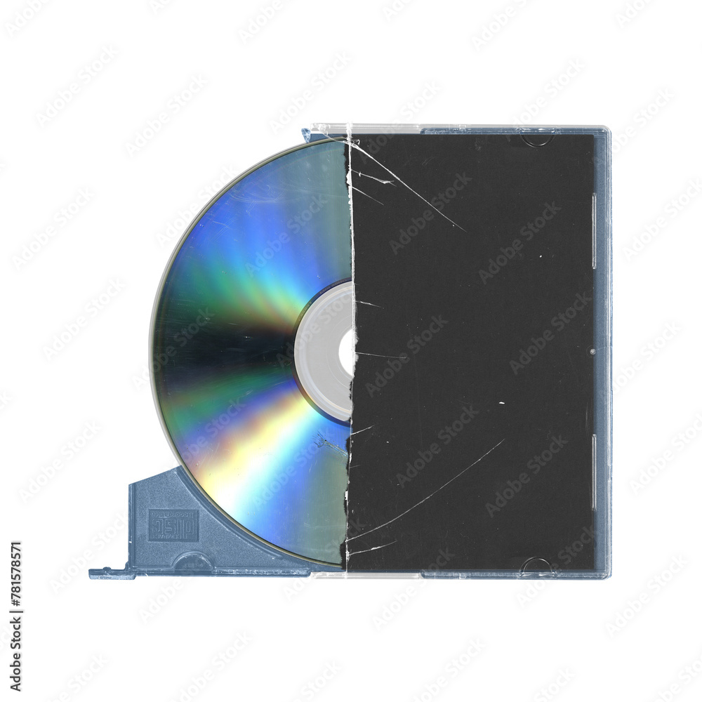 cracked isolated mockup of old music CD disc jewel case with black ...