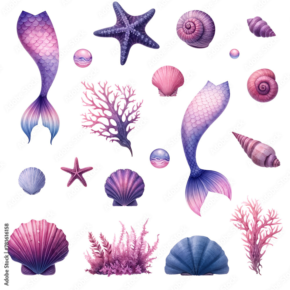Vibrant Mermaid Tail Collection with Seashells and Coral Mythical Sea ...