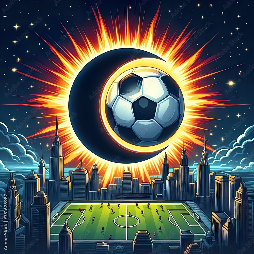 the city skyline during a solar eclipse featuring a soccer ball passing ...