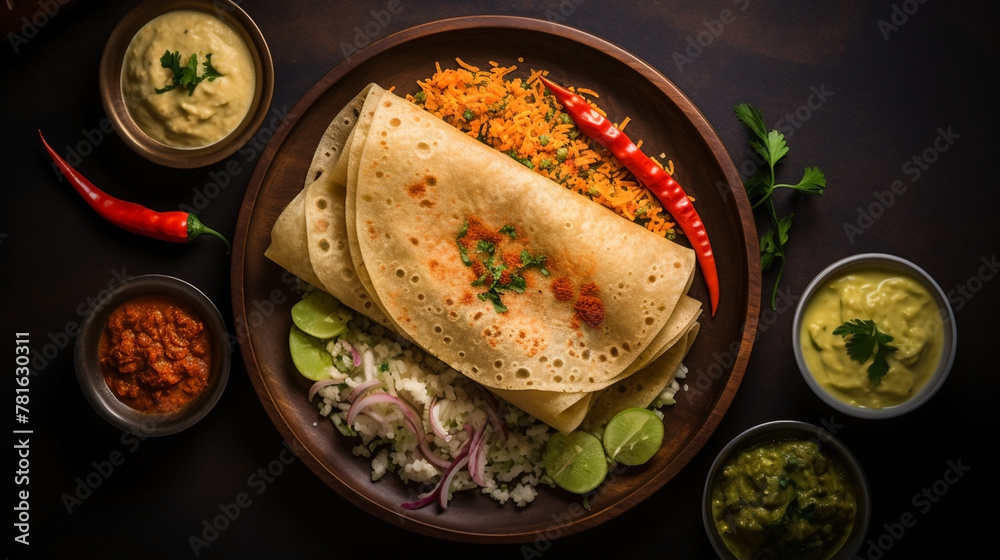 wide top view background photo, delicious masala dosa and curries on a ...