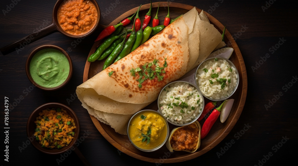 wide top view background photo, delicious masala dosa and curries on a ...