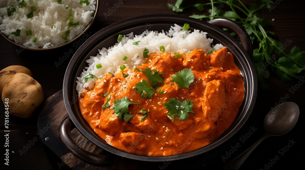 wide top view background food image, butter masala chicken and boiled ...