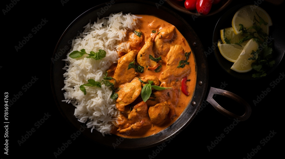 wide top view background food image, butter masala chicken and boiled ...