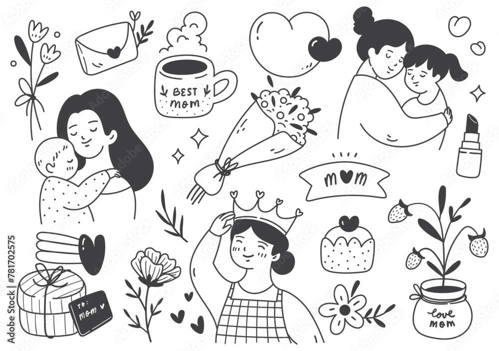 hand drawn mother's day celebration doodle concept line art ...