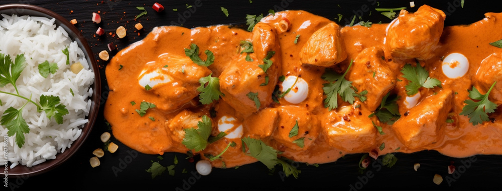 wide top view background food image, butter masala chicken and boiled ...